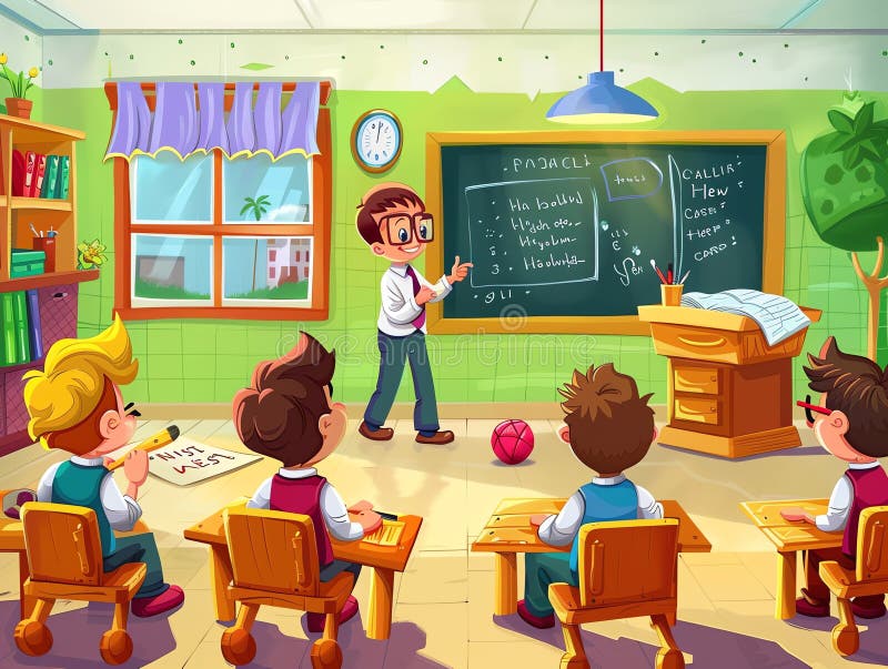 Cartoon Illustration of a Teacher Explaining a Lesson To Students in a ...