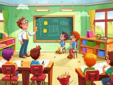 Cartoon Illustration of a Teacher Explaining Math Problems To a Class ...