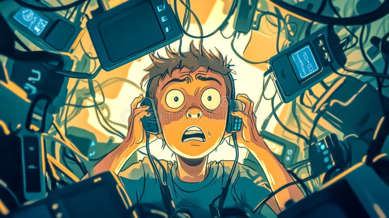 Stressed Technician Holding Headphones Surrounded by Gadgets and Wires ...