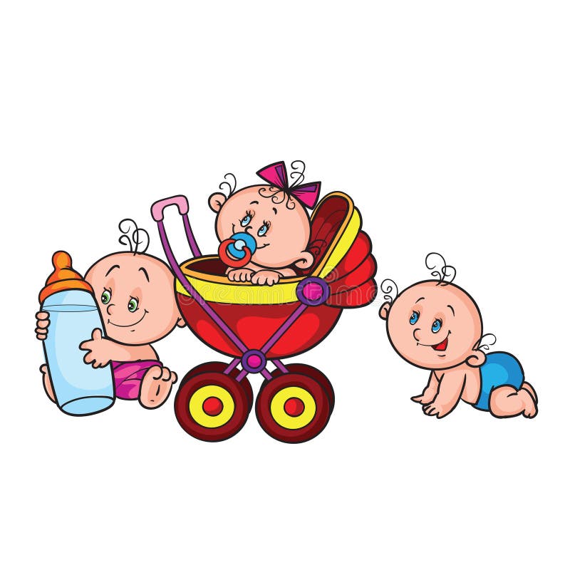 Cartoon Illustration, Three Babies, One is Crawling, the Second is with ...
