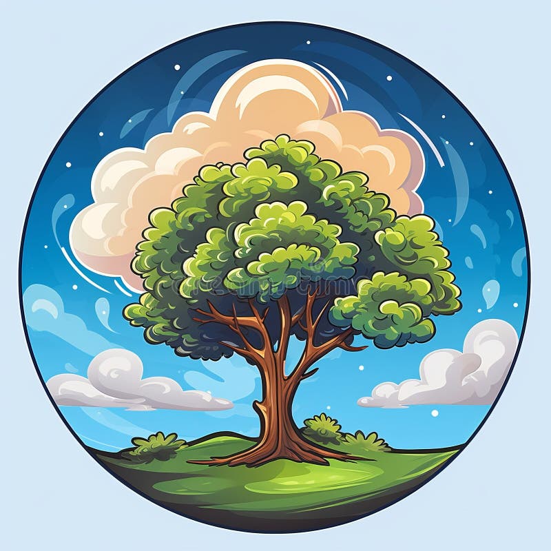 Cartoon Illustration of a Tree with Clouds in the Sky Stock ...
