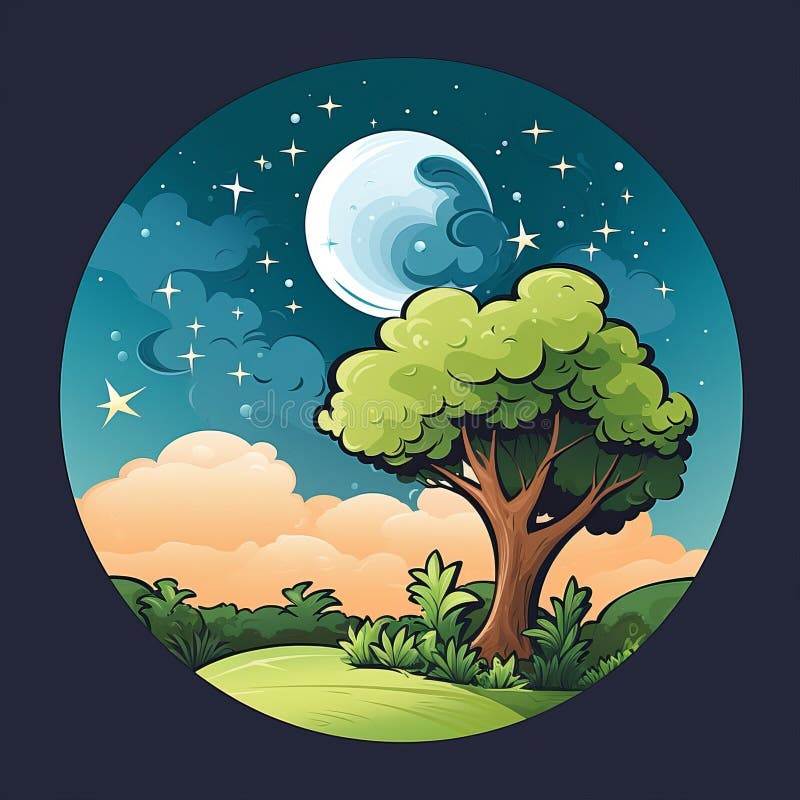 Cartoon Illustration of a Tree and Moon in the Night Sky Stock ...