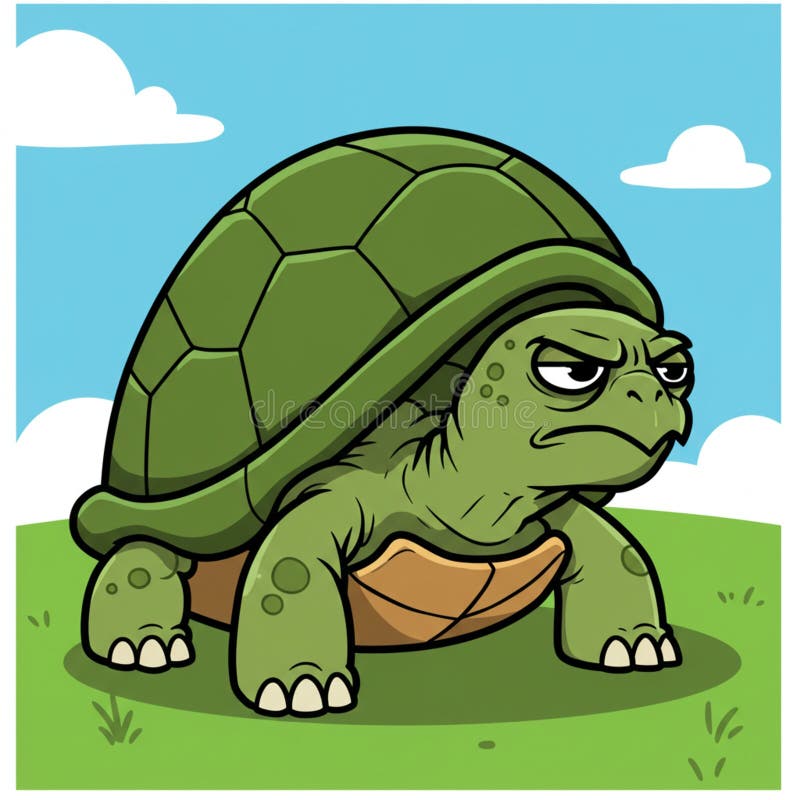 Cartoon Illustration of a Turtle with a Grumpy Expression. the Turtle Has a Large Green Stock ...
