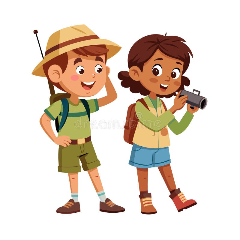 Cartoon Illustration of Two Children Exploring, One with a Camera and ...