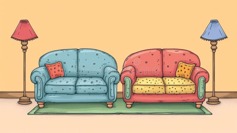 A Cartoon Illustration of Two Couches with a Lamp and Rug, AI Stock ...
