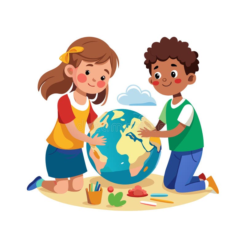 Children Learning about Earth: Cartoon Kids Exploring Globe Together ...