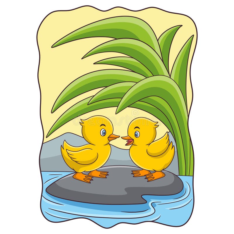 Cartoon Illustration Two Ducks are on a Rock Stock Illustration ...