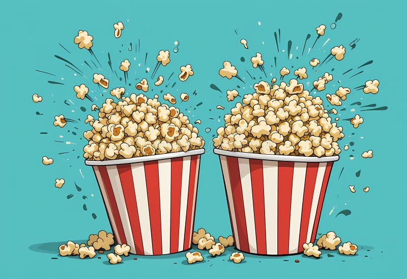 Cartoon Illustration of Two Popcorn Buckets Overflowing with Popcorn ...