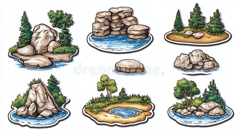Cartoon Illustration of Various Rock Formations with Water and Trees ...