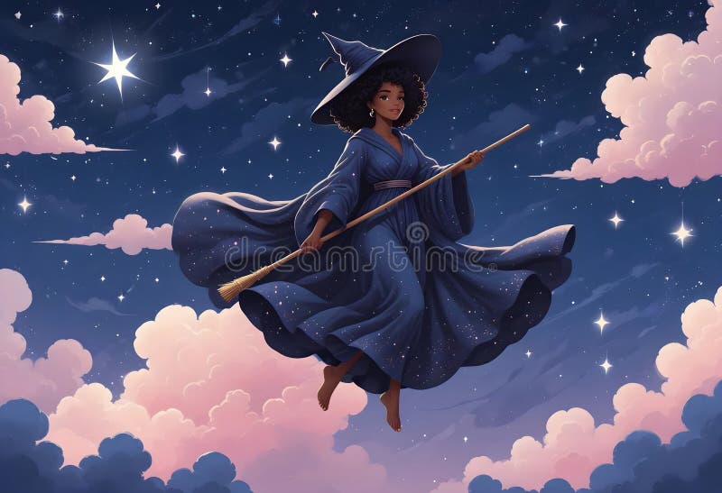A Cartoon Illustration of a Witch Flying with a Broom and the Star in ...