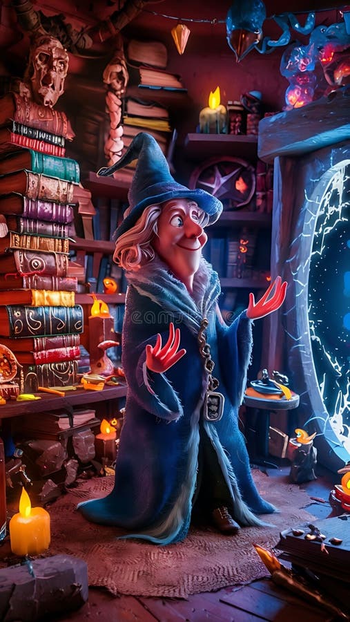 A Cartoon Illustration of a Wizard with a Witch on the Top Stock ...