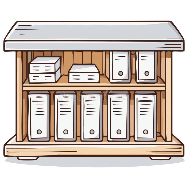 Cartoon Illustration of a Wooden Server Rack with Data Center Hardware ...