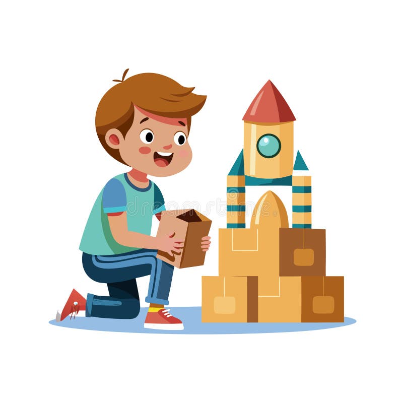 Boy Playing with Building Blocks Rocket, Childhood Fun, Cartoon ...