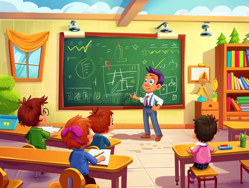 Cartoon Illustration of a Young Male Teacher Teaching Math To a Class ...