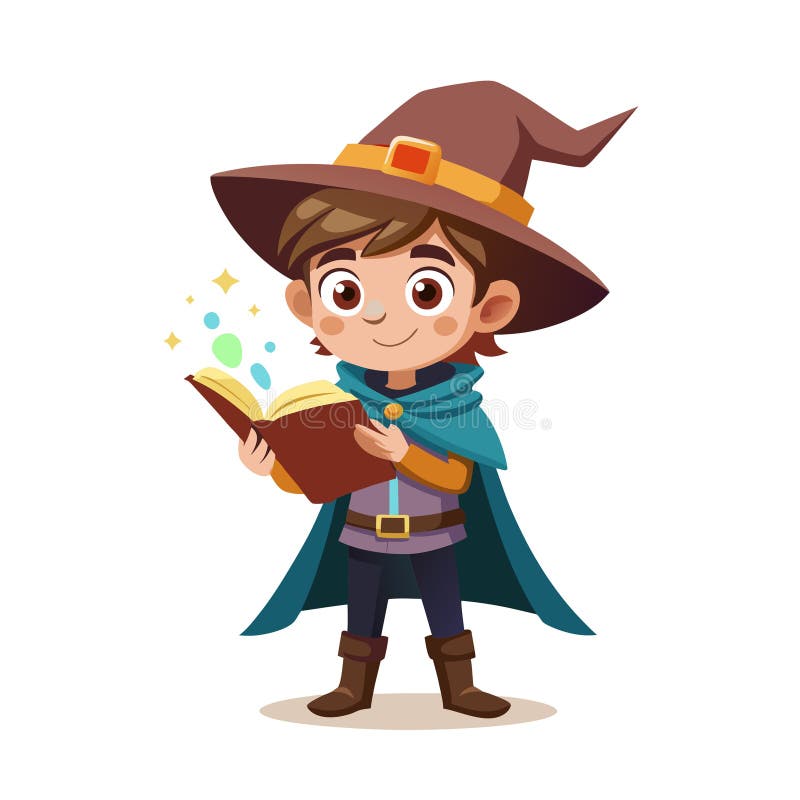 Cartoon Wizard Boy Reading Spell Book with Magic, Isolated Vector Stock Vector - Illustration of ...