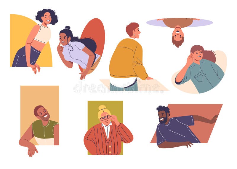Cartoon Illustrations of Diverse People Displaying Curiosity and ...