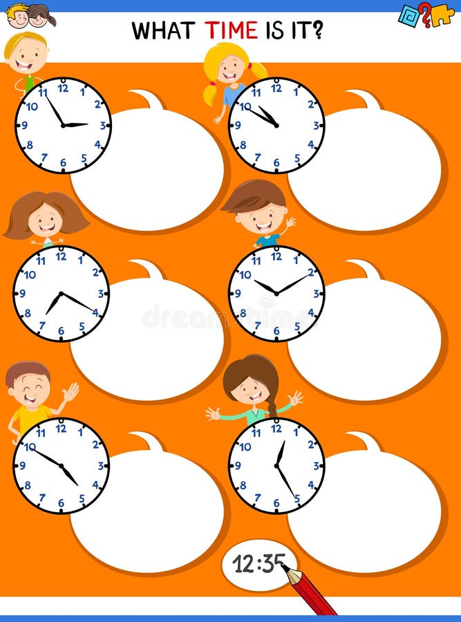 Telling Time Educational Task with Funny Kids Stock Vector ...