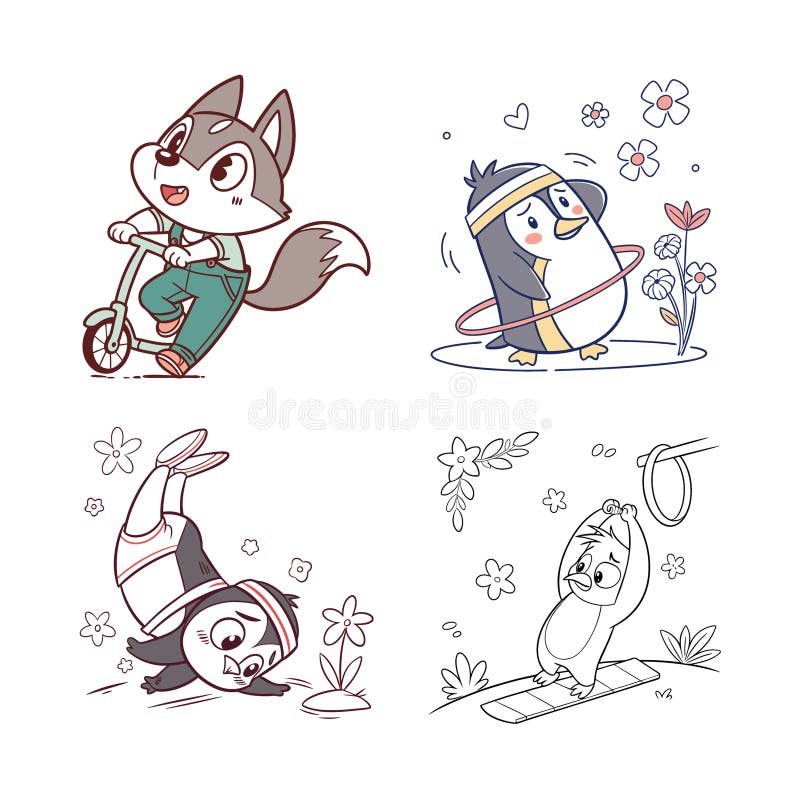 Cartoon Animals Doing Workout and Sport Activities Stock Vector ...