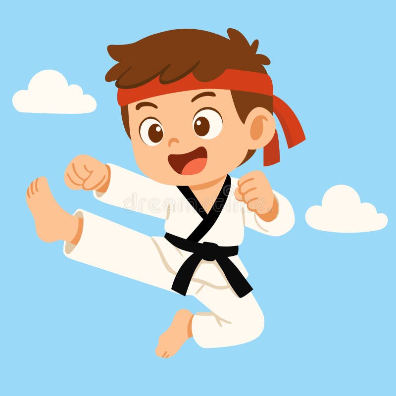 Cartoon Image of a Boy Doing a Taekwondo Jumping Kick Pose Stock Vector ...