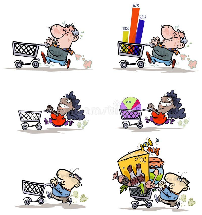 Cartoon Shoppers with Empty Carts and Statistics Stock Illustration ...