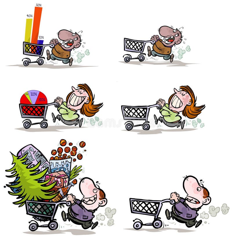 Cartoon Shoppers with Empty Carts and Statistics Stock Vector ...