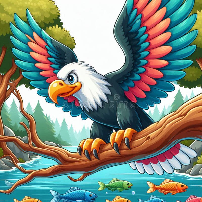 Cartoon Image of an Eagle on a Tree Branch, Catching Fish in the River ...