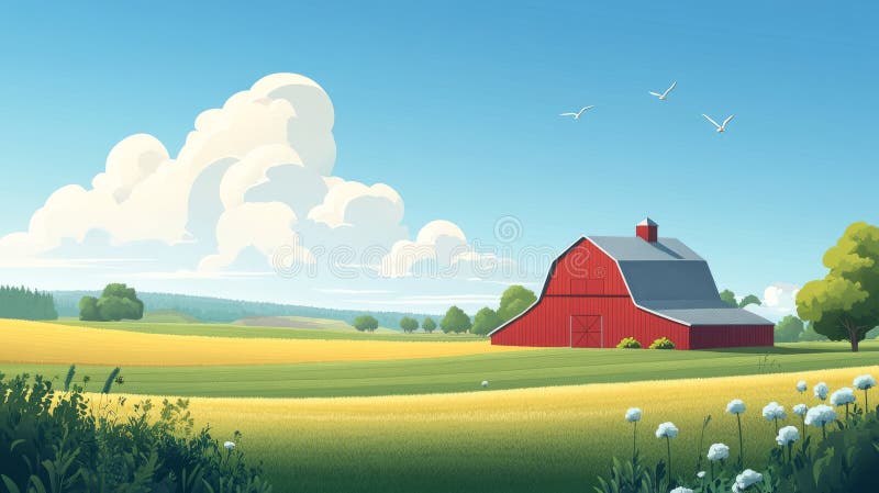A Cartoon Image of a Farm, Showcasing a Barn Surrounded by Greenery ...