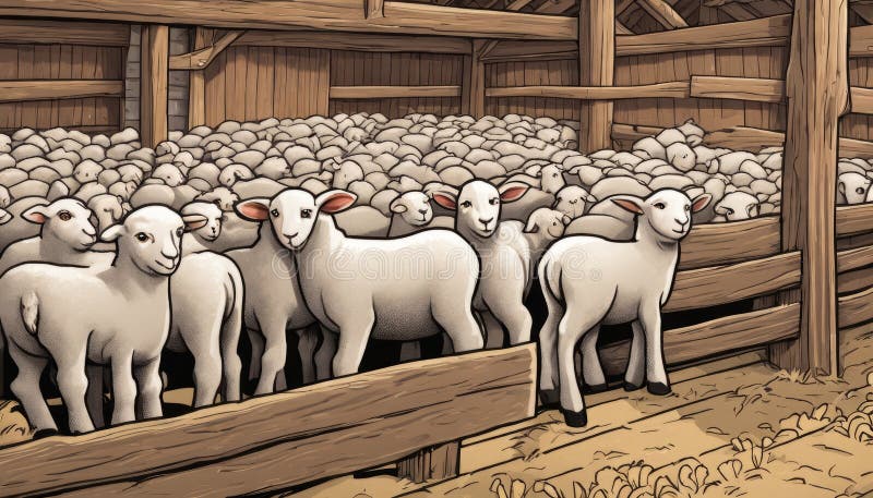 A Cartoon Image of a Herd of Sheep in a Pen Stock Illustration ...