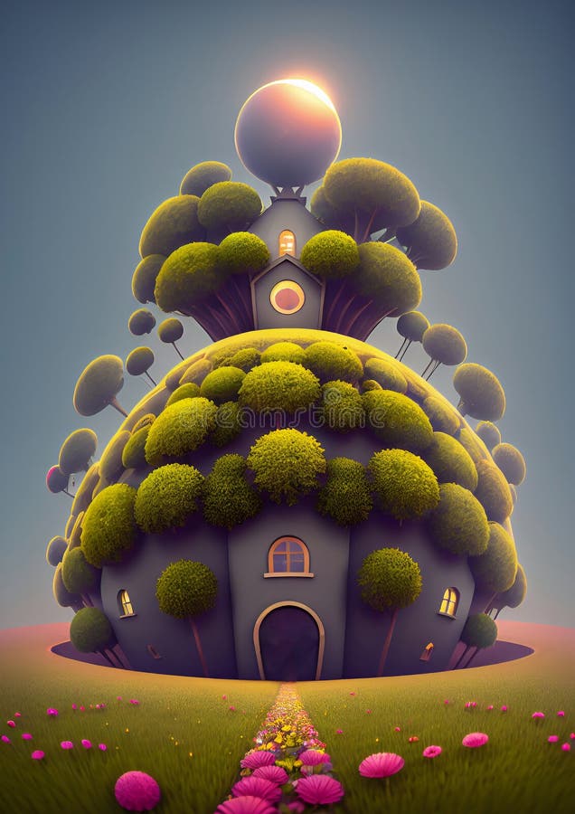 A Cartoon Image of a House with a Tree on the Top Stock Illustration ...