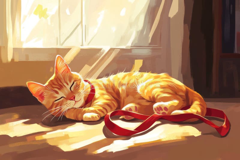 Cartoon Image of a Kitten Playing with Ribbon in a Sunlit Room Stock ...