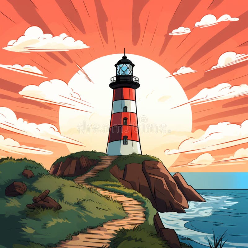 Cartoon Image of a Lighthouse on a Cliff by the Sea. Stock Photo ...