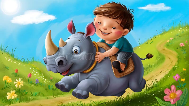 A Cartoon Image of a Little Boy Riding a Rhino with a Rhino on His Back ...