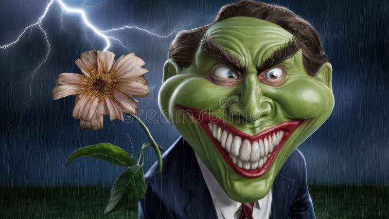A Cartoon Image of a Man with an Evil Grin and Green Hair, AI Stock ...