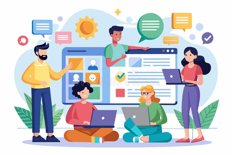 Cartoon Image of People Sharing Articles Online with Large Customizable ...