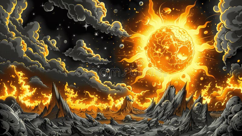 A Cartoon Image of a Sun with Clouds and Fire, AI Stock Photo - Image ...