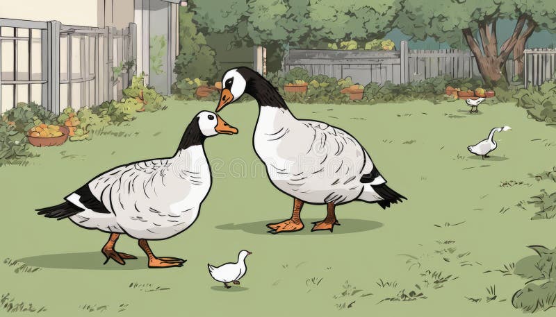 A Cartoon Image of Two Ducks Standing in a Yard Stock Illustration ...