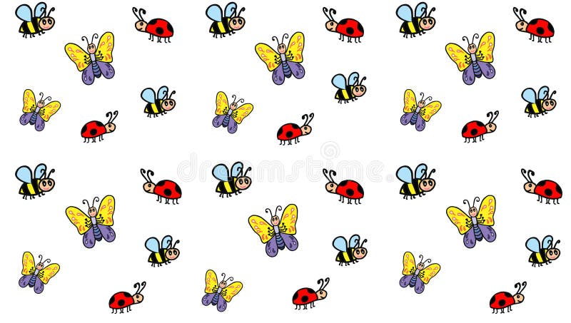 Cartoon Insects Children`s Pattern. a Butterfly, a Bee, a Ladybug in ...