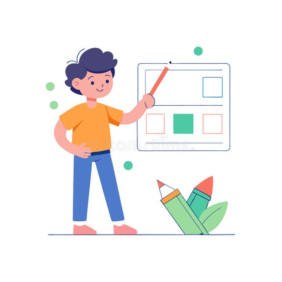 Cartoon Instructor with Pointer Presenting a Schematic Board of Blocks ...