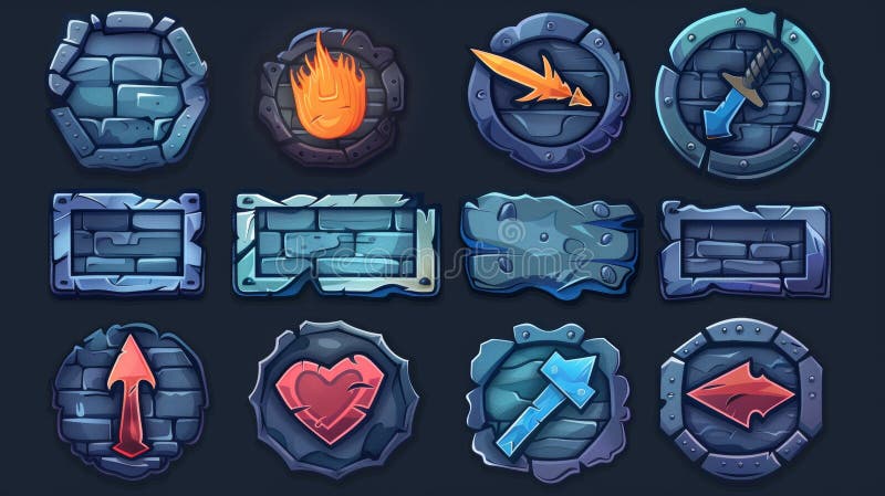 Cartoon Interface Button for Stone Rock Game. Circle, Arrow, Loading ...