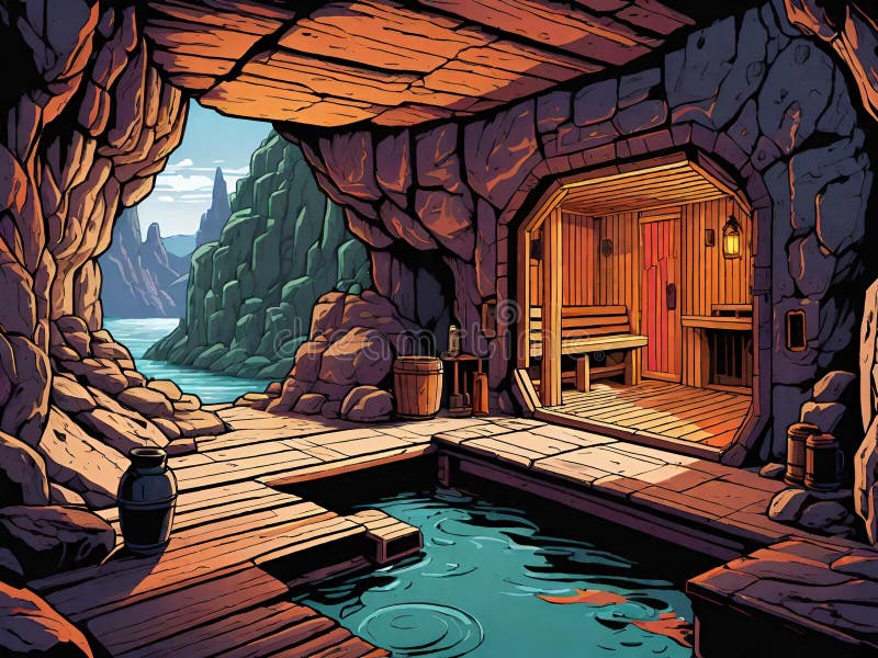Cartoon Interior of a Cave with a Wooden House Stock Illustration ...
