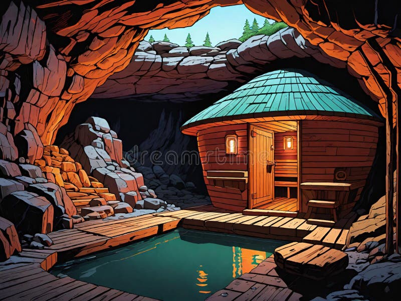 Cartoon Interior of a Cave with a Wooden House Stock Illustration ...