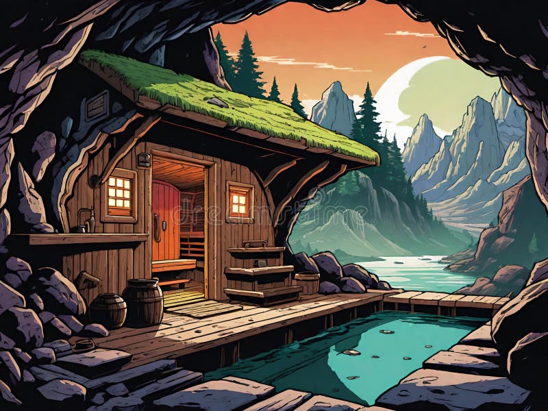Cartoon Interior of a Cave with a Wooden House Stock Illustration ...