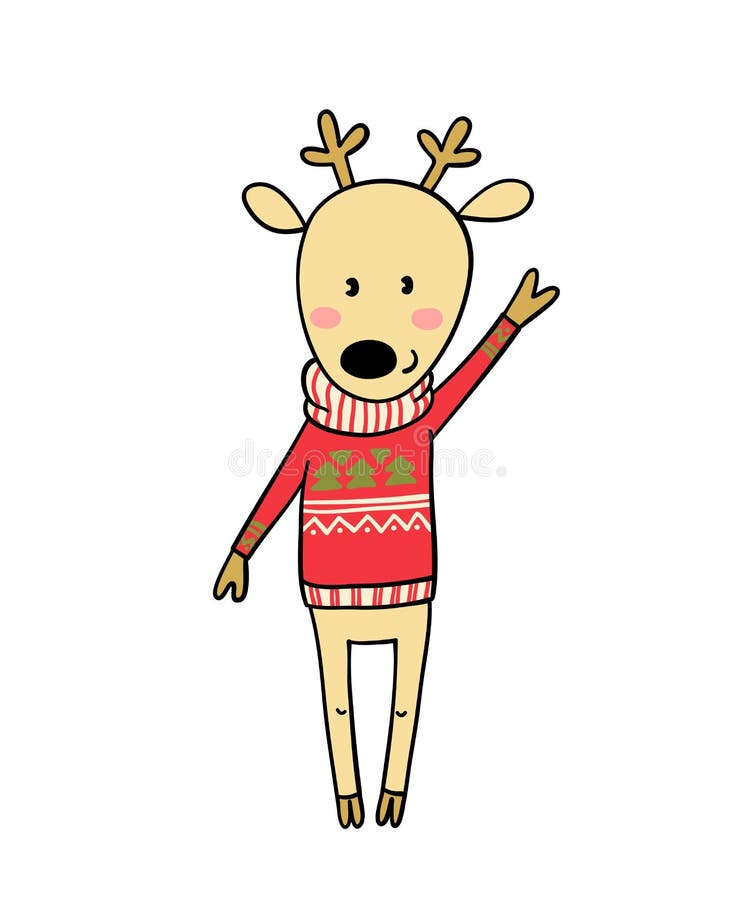 Cartoon Invitation Card. Waving Deer on White Backdrop. Vector Winter ...