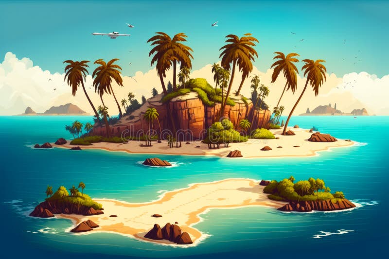 Cartoon Island with Palm Trees and Rocks. Generative AI Stock ...