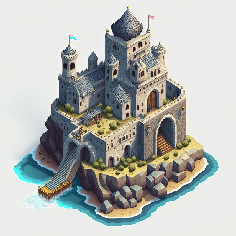 Cartoon Isometric Medieval Castle with Towers and Gates, Generative AI ...