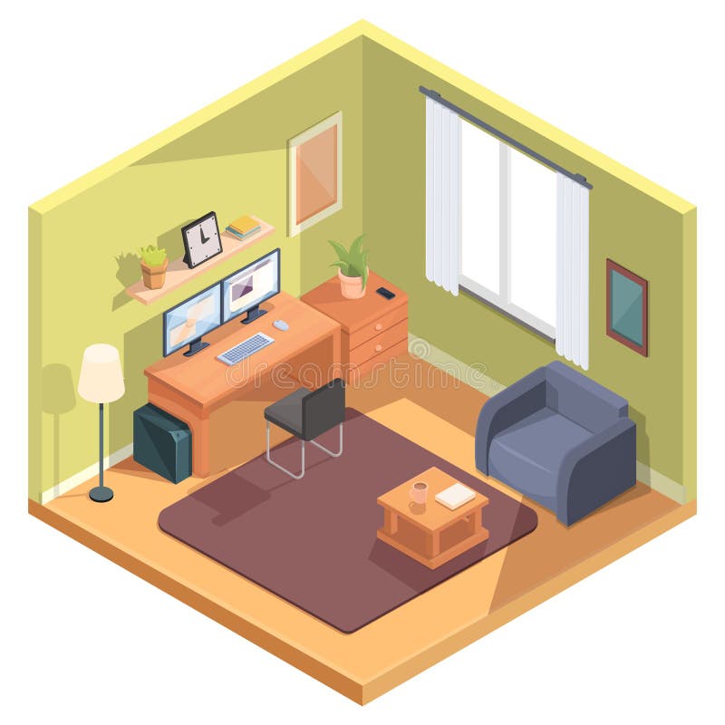 Cartoon Isometric Room with Computer and Furniture Stock Vector ...