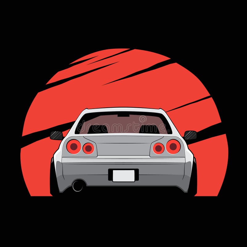 Cartoon Japan Tuned Old Car on Red Sun Background. Front View Stock ...