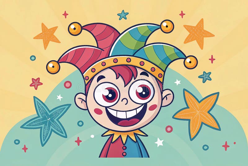 Cartoon Jester Boy Smiling Against Festive Background Stock ...