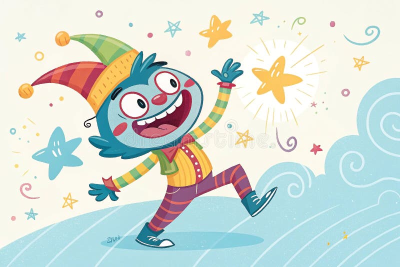Cartoon Jester Grabs Star in Magical Sky Stock Illustration ...