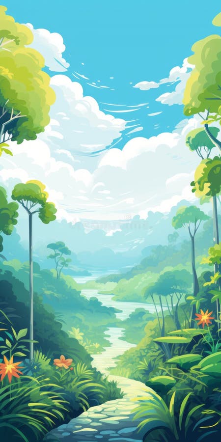 Idyllic Jungle Scene: Vector Illustration with Brushstroke Style Stock ...
